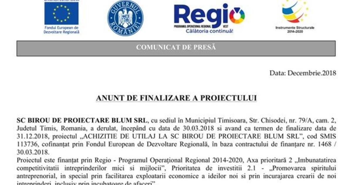 Anunț de finalizare a proiectului - Tion