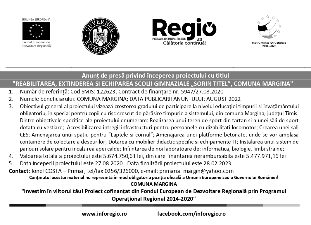 Anunț privind începerea proiectului cu titlul „Reabilitarea, extinderea ...