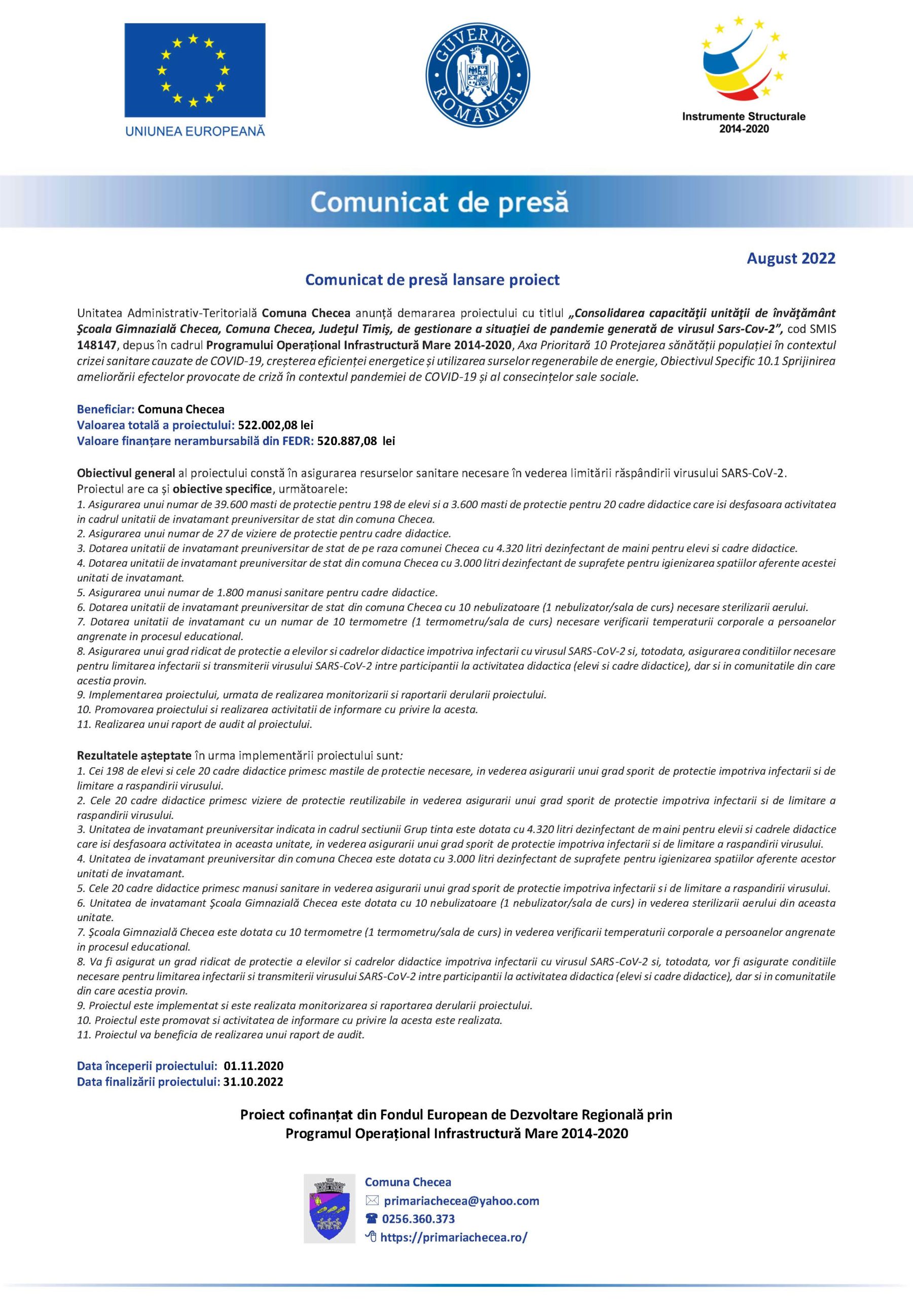 Comunicat de presă demarare proiect „Consolidarea capacităţii unităţii ...