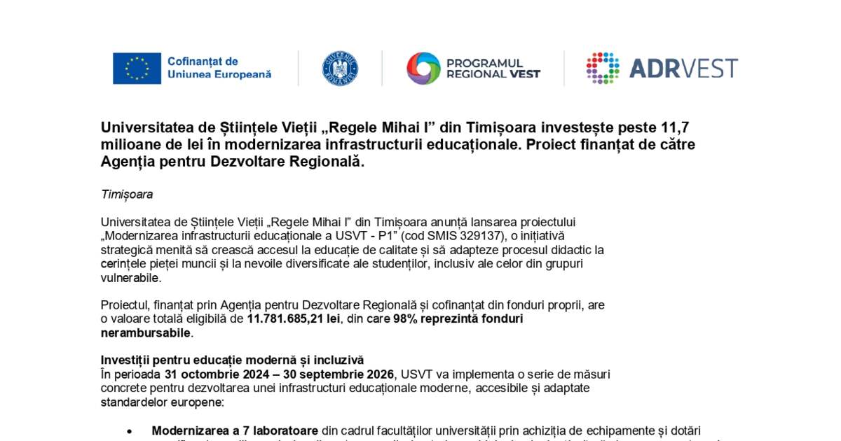 Universitatea de Științele Vieții „Regele Mihai I” din Timișoara investește peste 11,7 milioane ...
