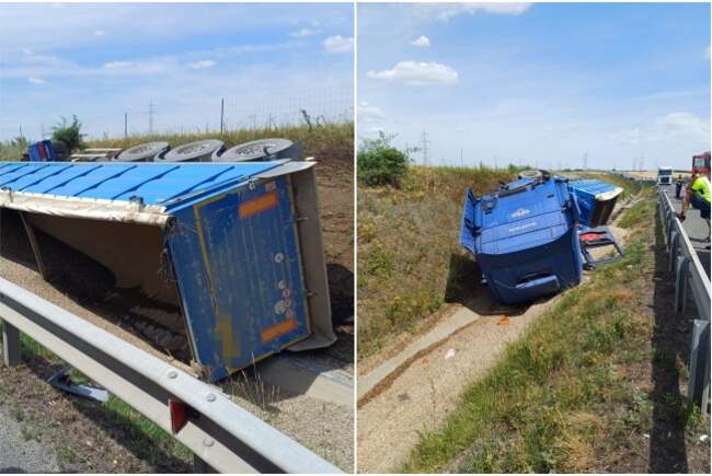 Autotren încărcat cu nisip, răsturnat pe autostrada A1 între Arad și ...